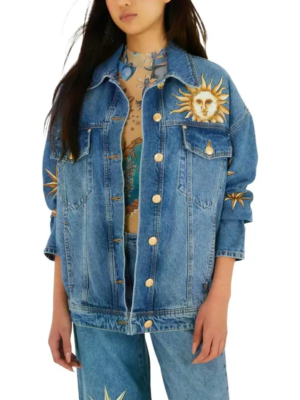 Farm Rio Graphic Print Denim Jacket - Blue