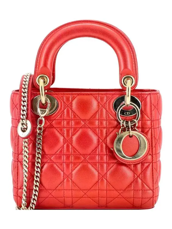 Dior Lady Cannage Quilt Iridescent Leather Mini Satchel - Red