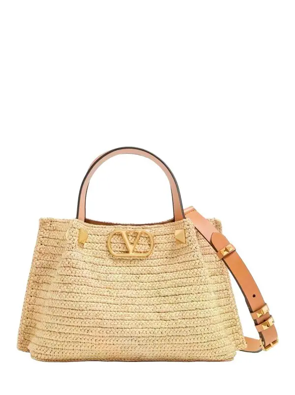 Valentino Garavani Logo-detail Raffia Tote Bag - Neutrals