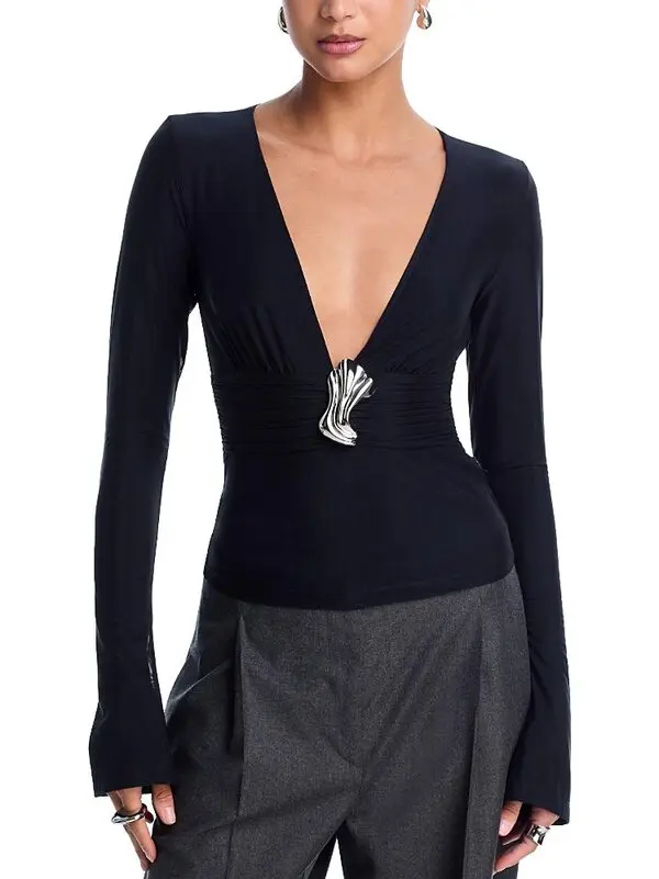 KATE BARTON V-neck Brooch Top - Navy