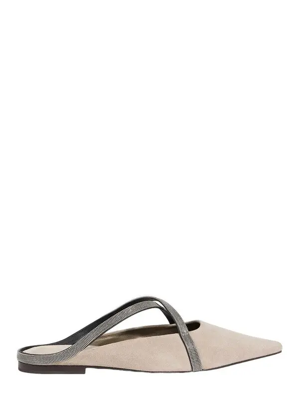 Brunello Cucinelli Bead-embellished Suede Pointed Toe Flats - Stone