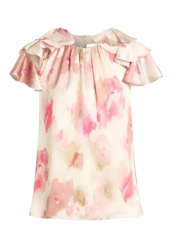 MIKAEL AGHAL Printed Ruffled Satin Top - Blush