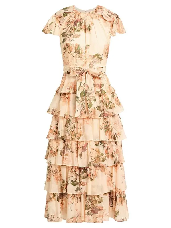 MIKAEL AGHAL Tiered Floral-print Chiffon Midi Dress - Pastel Orange