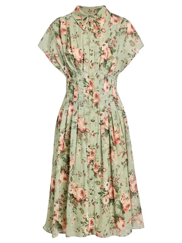 MIKAEL AGHAL Floral-print Pleated Chiffon Midi Shirt Dress - Light Green