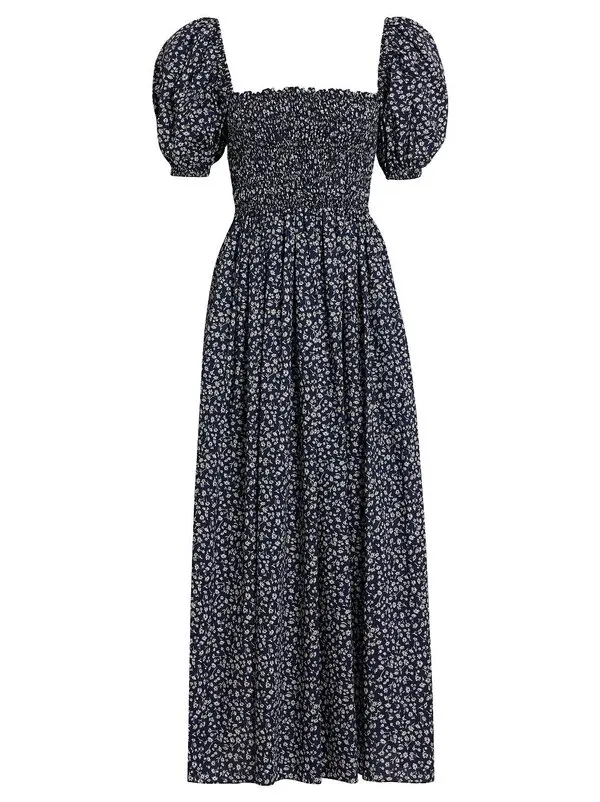 Matteau Shirred Floral Print Cotton Poplin Maxi Dress - Navy