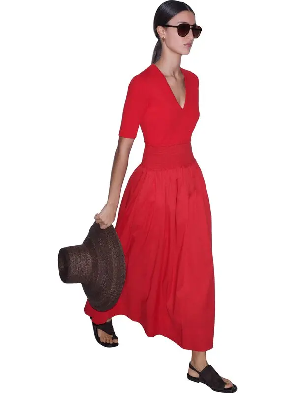 ME+EM V-neck Smocked Skirt Maxi Dress - Lipstick Red