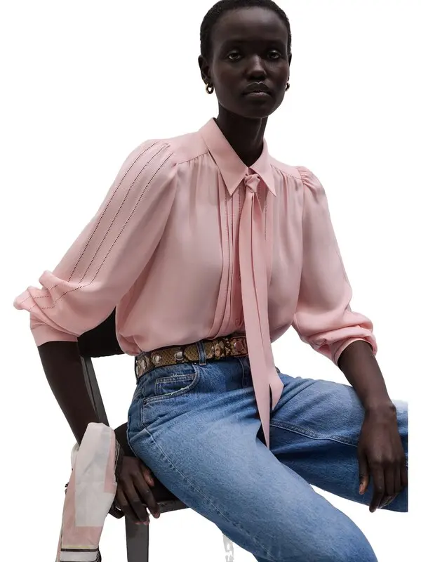 ME+EM Embroidered Silk Blouse With Tie - Pale Pink