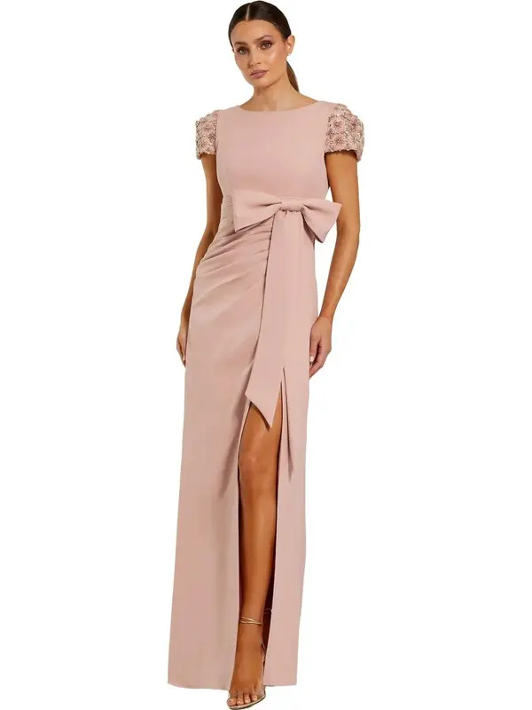Mac Duggal Beaded Cap Sleeve Crepe Gown With Bow And Slit - Pink
