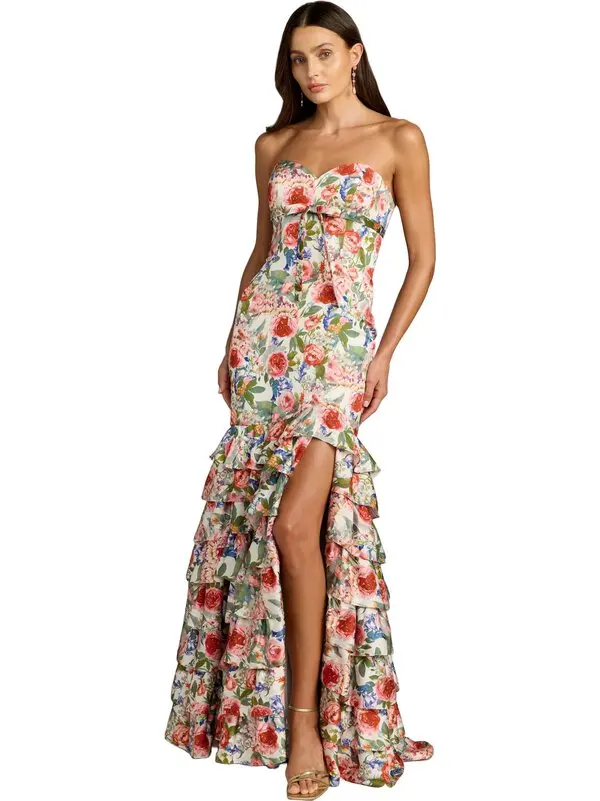 Mac Duggal Floral Printed Strapless Mermaid Gown With Ruffle Hem - Ivory Multi