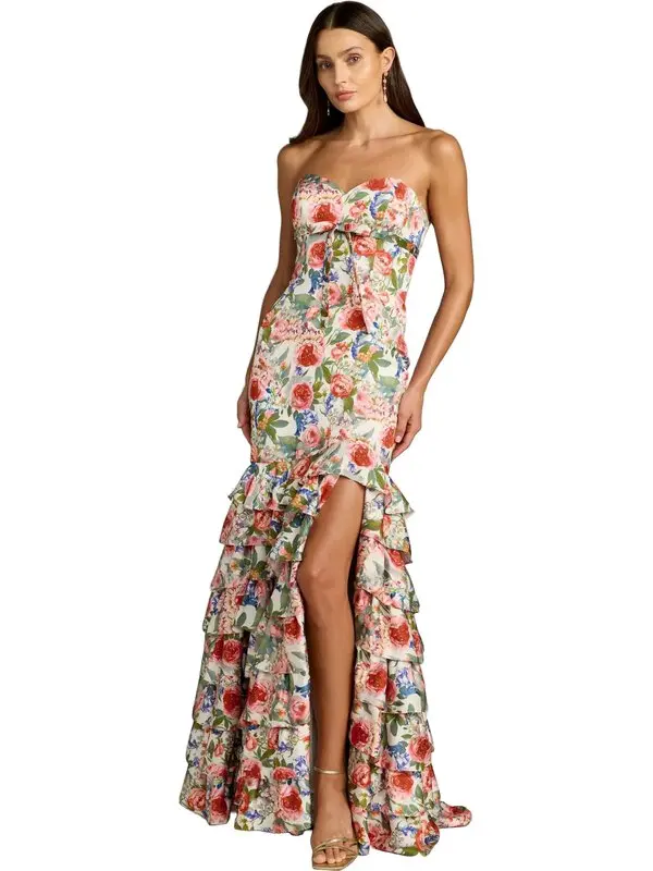 Mac Duggal Floral Printed Strapless Mermaid Gown With Ruffle Hem - Ivory Multi