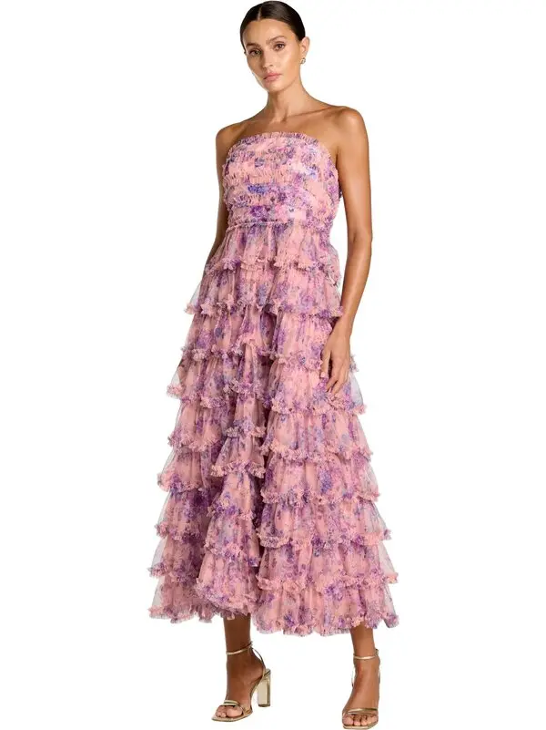 Mac Duggal Floral Ruffle Tiered Strapless Midi Dress - Orchid Multi