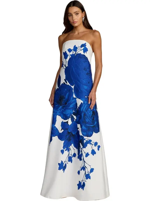 Mac Duggal Floral-printed Strapless Crepe Trapeze Gown - White Multi
