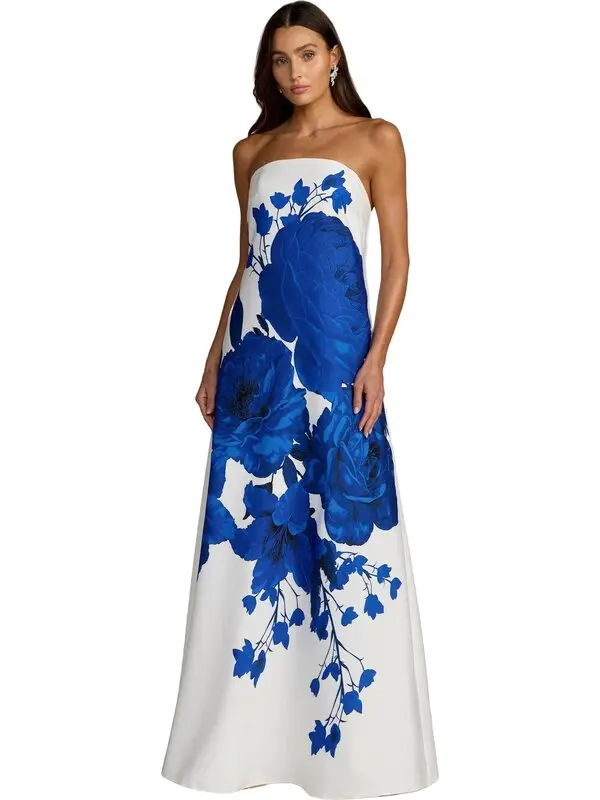 Mac Duggal Floral-printed Strapless Crepe Trapeze Gown - White Multi