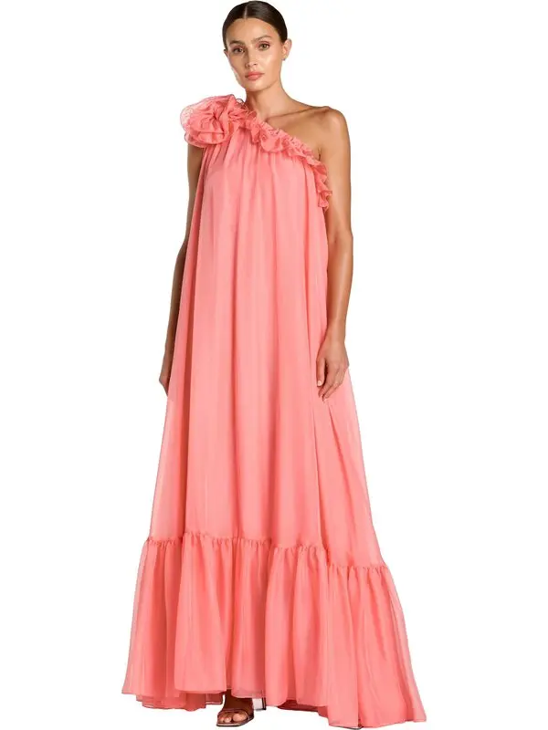 Mac Duggal One-shoulder Chiffon Gown With Rosette Detail - Pink