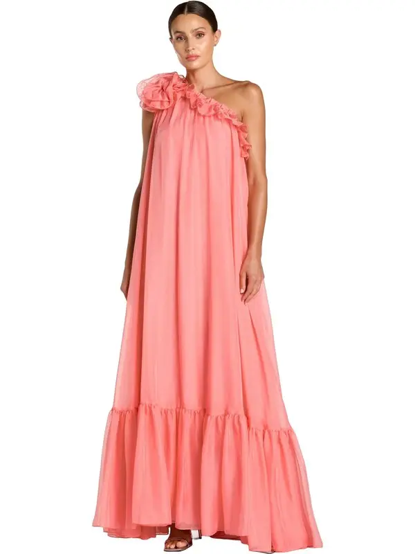 Mac Duggal One-shoulder Chiffon Gown With Rosette Detail - Pink