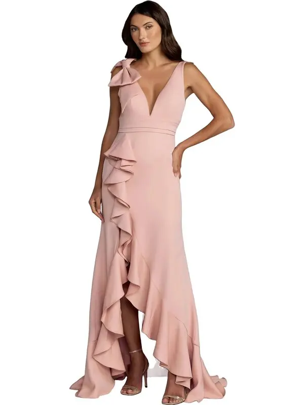 Mac Duggal Sleeveless Ruffled V-neck Gown With Bow - Pink