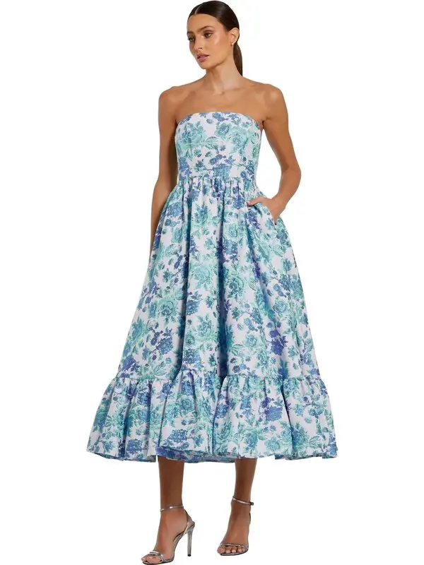Mac Duggal Floral Brocade Strapless A-line Midi Dress - Blue