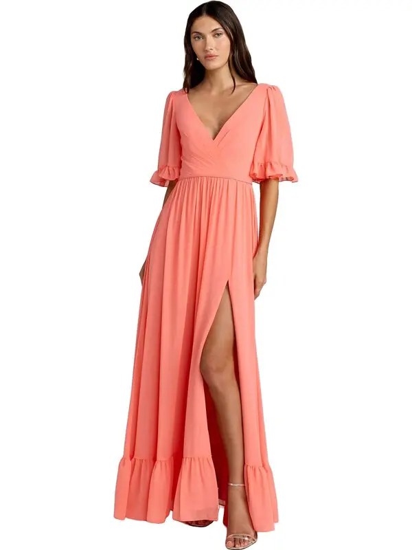 Mac Duggal Faux Wrap Ruffle Trim A-line Gown - Pink
