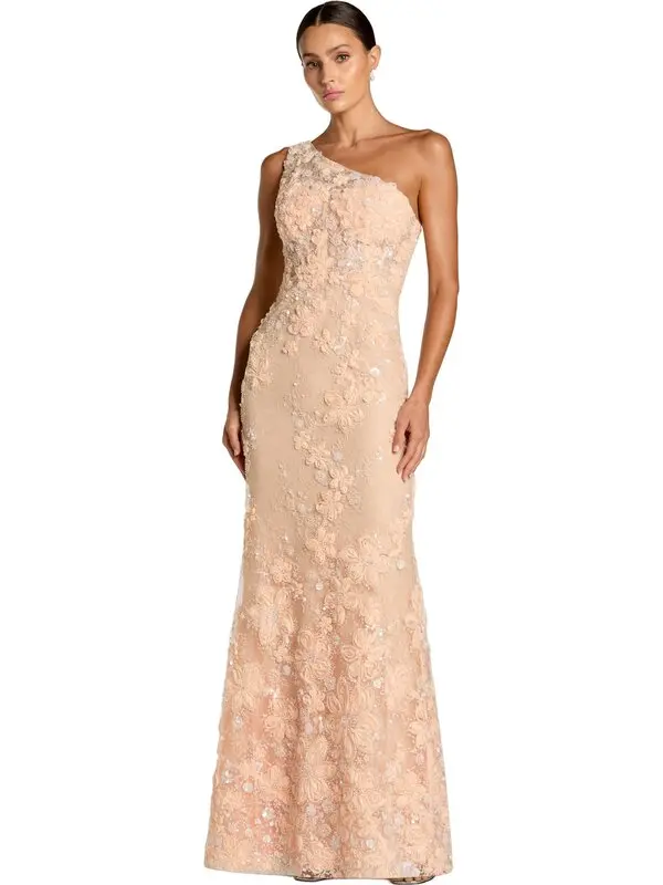 Mac Duggal Floral Appliqué Sequin Embellished Gown - Peach