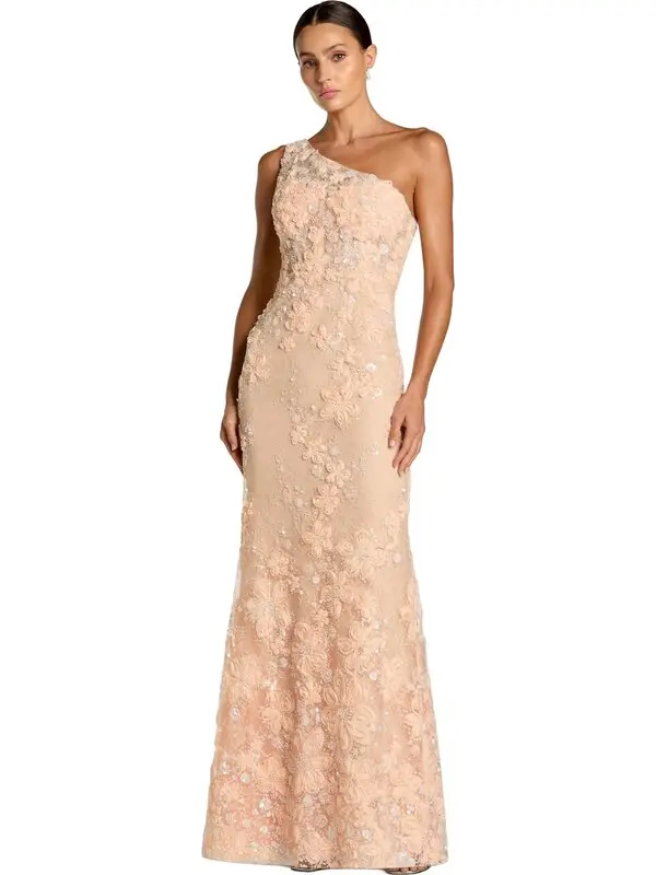 Mac Duggal Floral Appliqué Sequin Embellished Gown - Peach