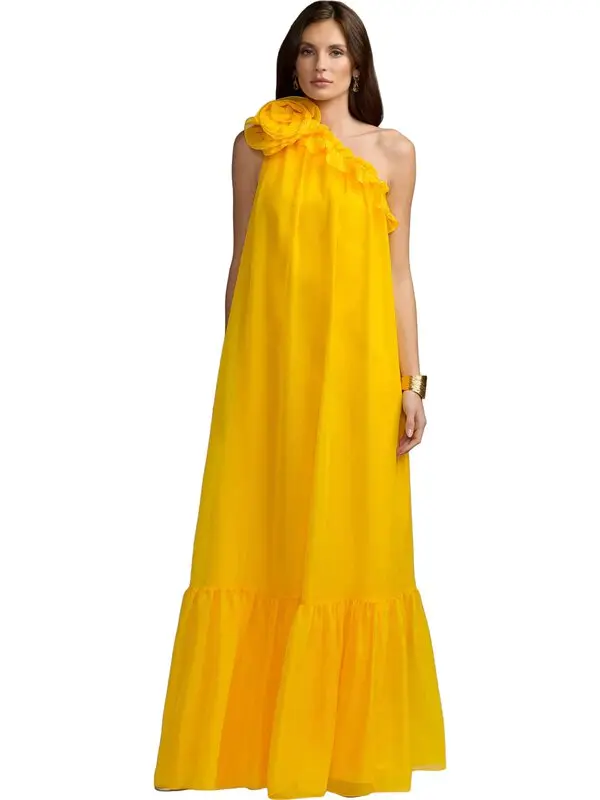 Mac Duggal One-shoulder Rosette Chiffon Gown - Yellow
