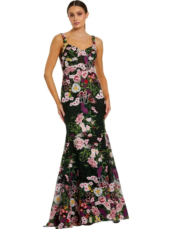 Mac Duggal Sleeveless Floral Embroidered Mermaid Gown - Black Multi