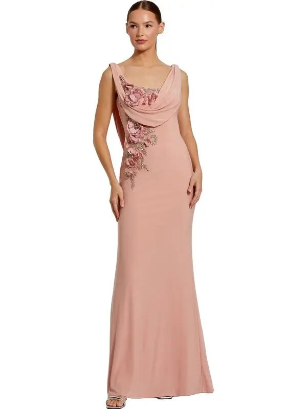 Mac Duggal Sleeveless Jersey Cowl Neck Gown With Appliqu - Pink