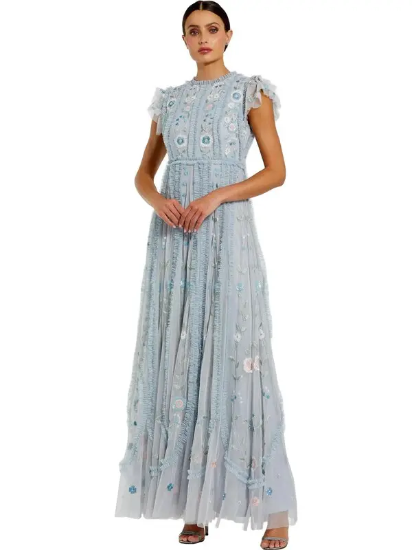 Mac Duggal Floral Embroidered Ruffle A-line Gown - Powder Blue