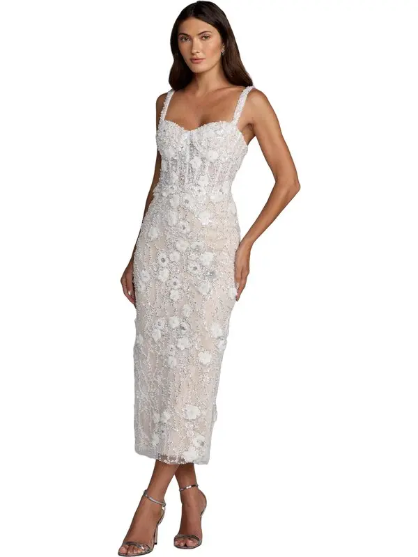 Mac Duggal Embellished Lace Sleeveless Midi Dress - Ivory Nude