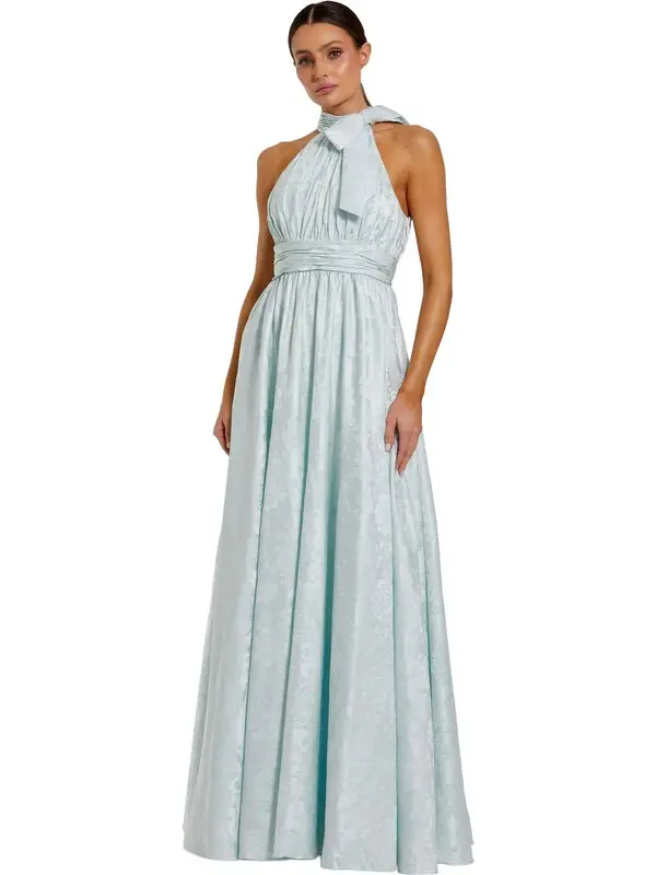 Mac Duggal Sleeveless Halter Neck Brocade Gown With Bow - Powder Blue