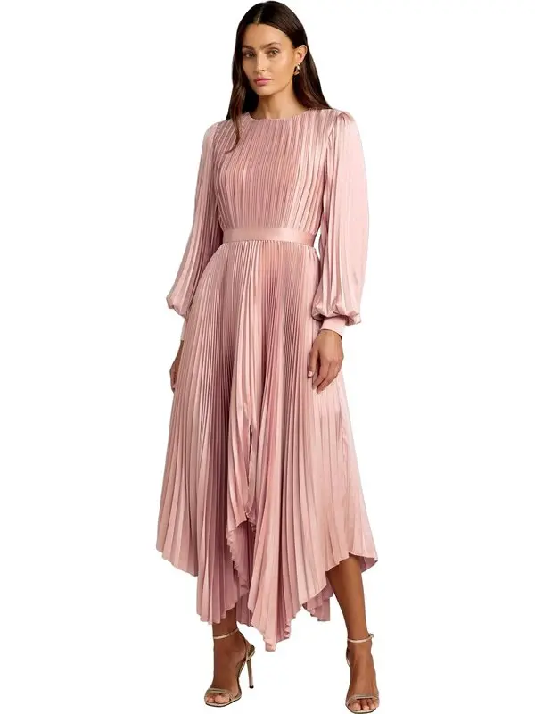 Mac Duggal Long Sleeve Pleated Charmeuse Handkerchief Dress - Pink