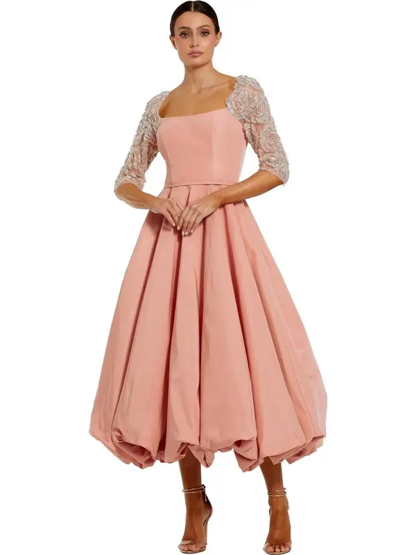 Mac Duggal Bubble Hem Midi Dress With Embellished Sleeves - Rose