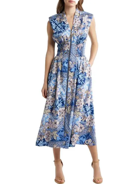 Vince Camuto Scarf Print Zip Front Midi Dress - Blue Multi