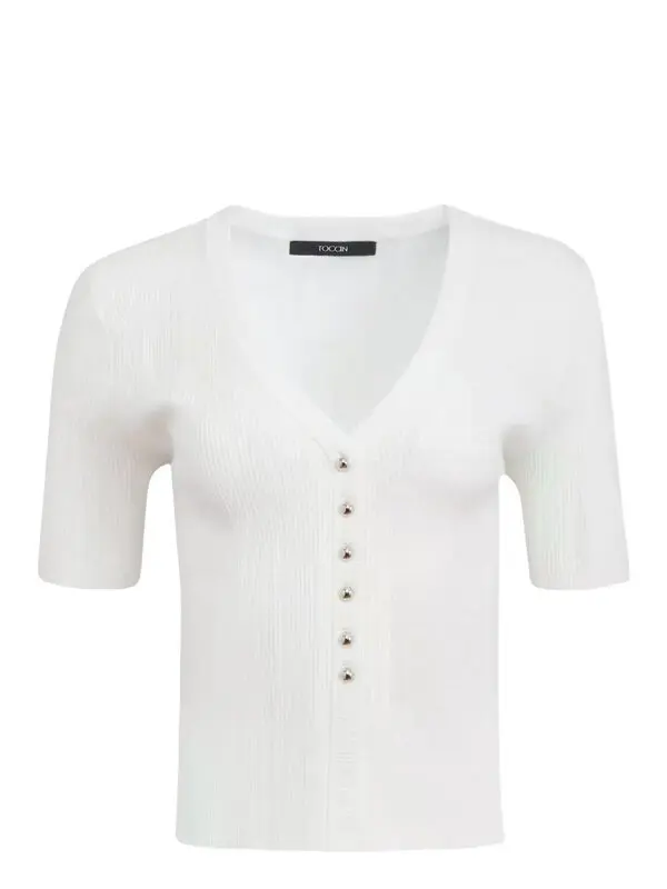 TOCCIN Ribbed Knit V-neck Top - White
