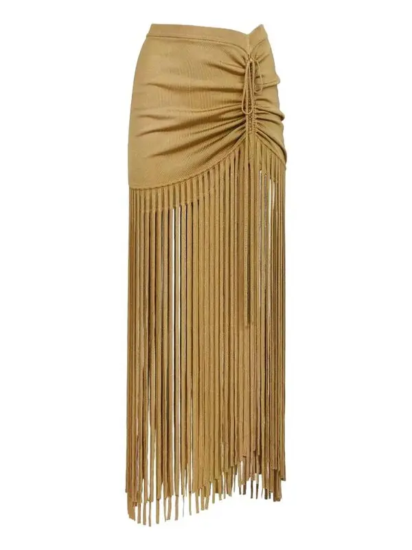 TOCCIN Amalia Ruched Fringed Maxi Skirt - Neutrals