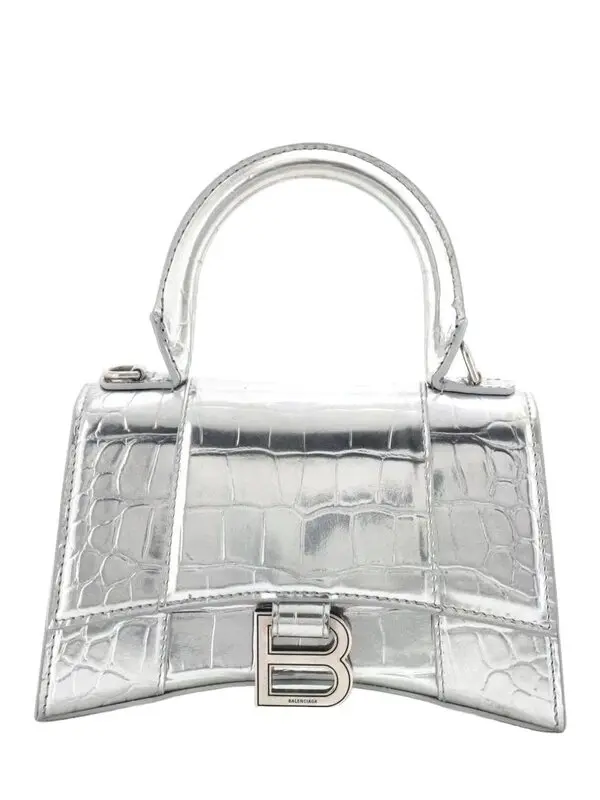 Balenciaga Hourglass Xs Top Handle Satchel Crocodile Embossed - Silver
