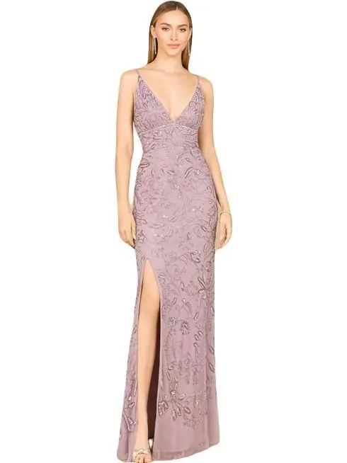LARA NEW YORK Embellished Gown With Slit And Spaghetti Straps - Dusty Lavender