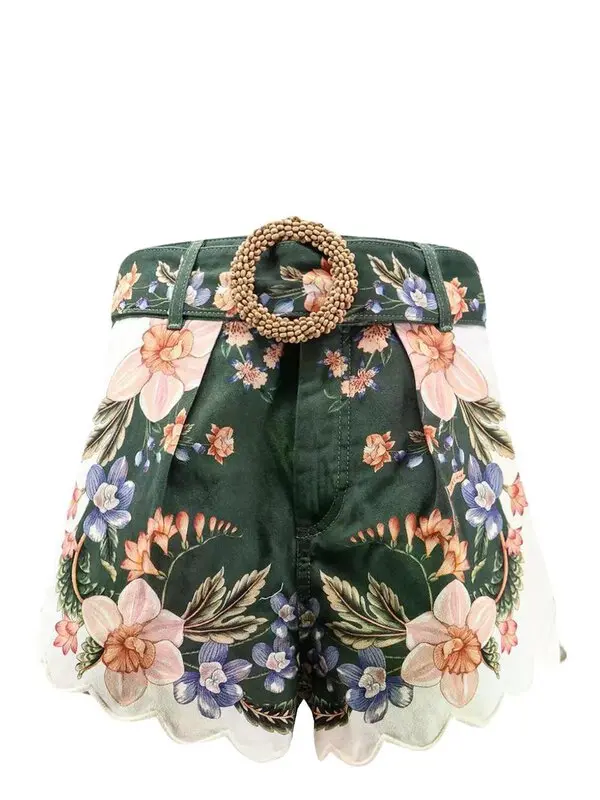 Farm Rio Floral Print Shorts With Beaded Belt - Green