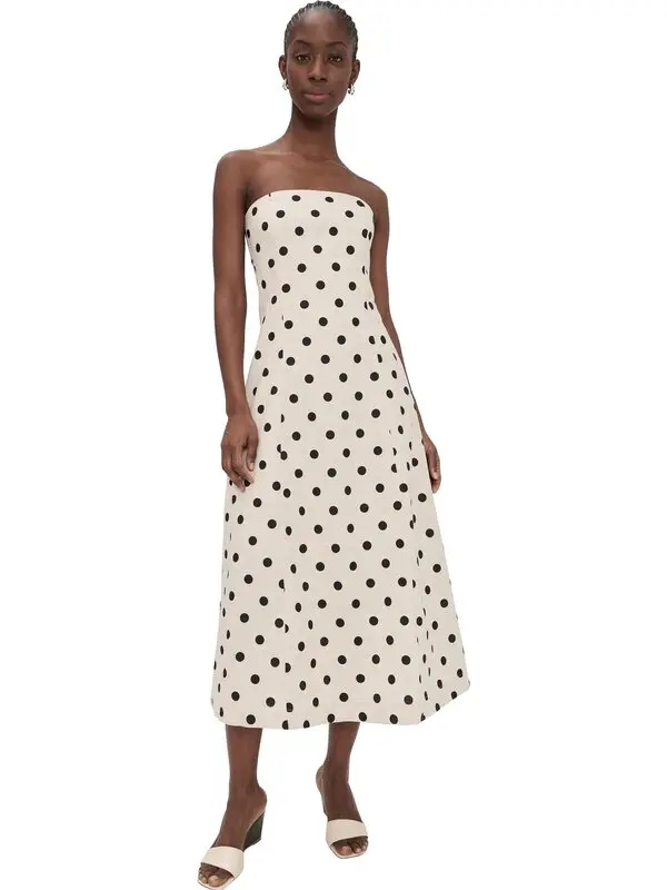 Endless Rose Polka Dot Linen Strapless Midi Dress - Sand/black