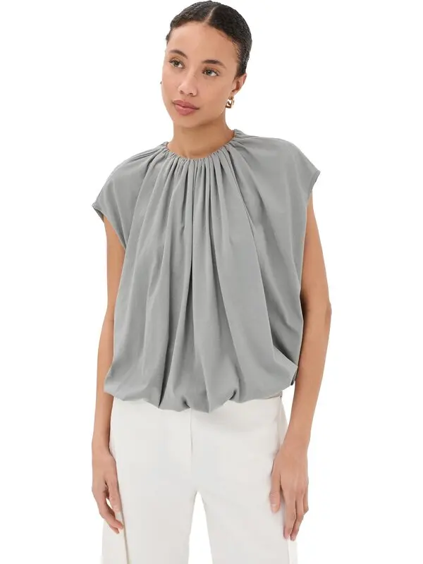Tibi Shirred Neck Tee - Pumice Grey