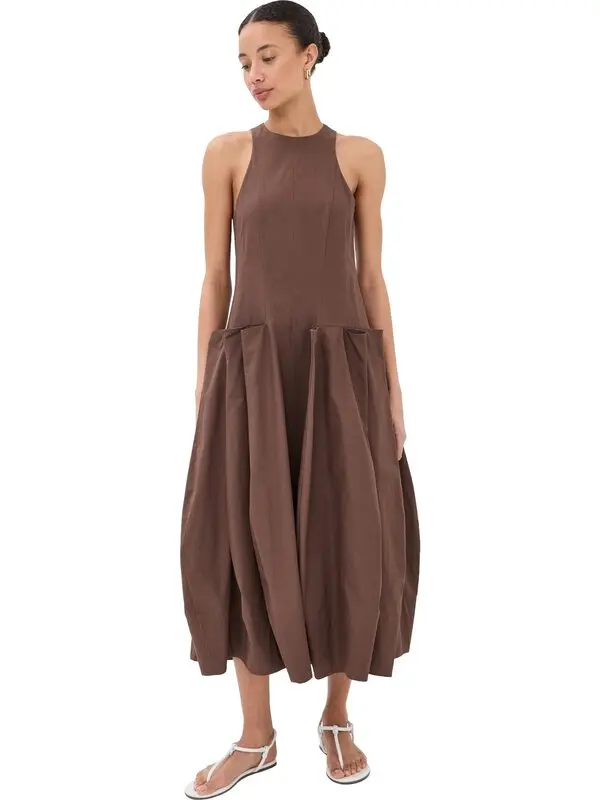 Tibi Compact Poplin Pinched Pleat Dress - Sepia Brown
