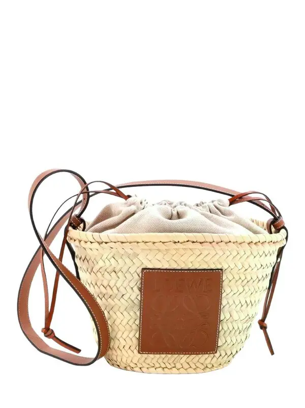 Loewe Drawstring Bucket Raffia And Leather Crossbody Bag - Brown