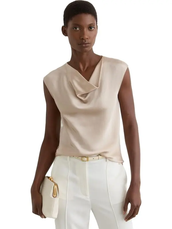REISS Cate Silk Cowl-neck Top - Champagne Neutral