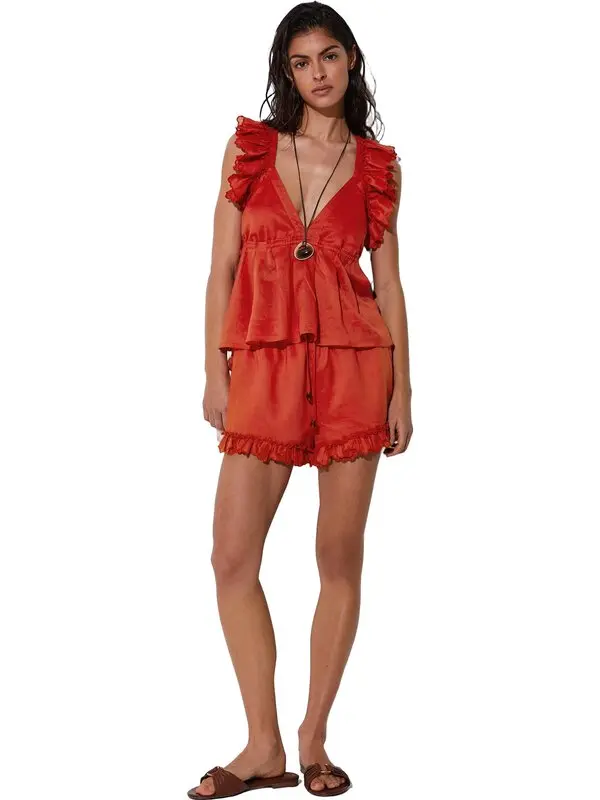 REISS Brook Ruffle Trim Babydoll Top - Orange