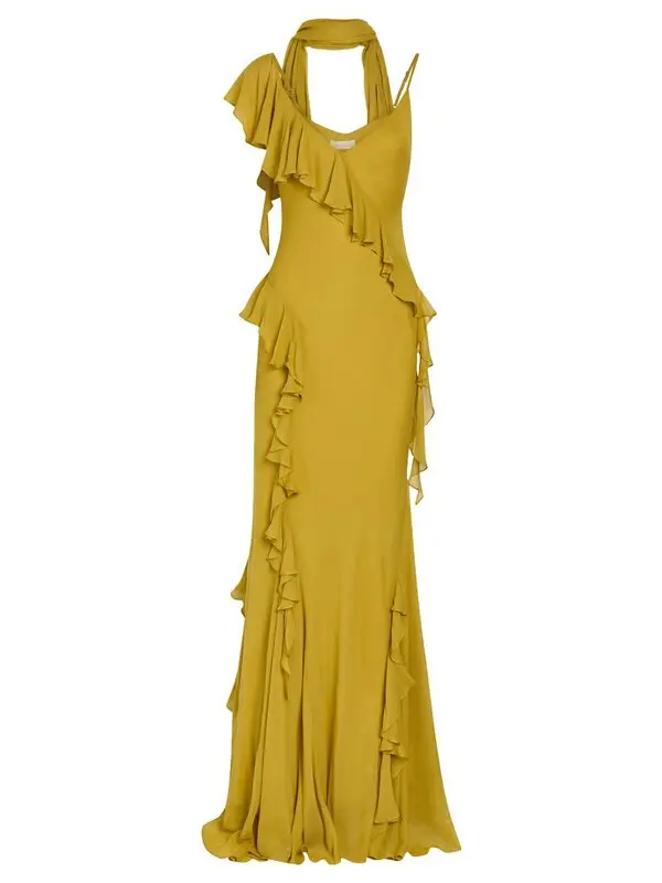DE LA VALI Mayara Scar-effect Ruffled Chiffon Gown - Yellow