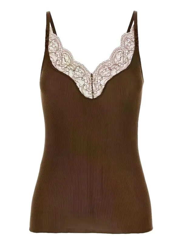 Saint Laurent Lace-trimmed V-neck Tank Top - Brown