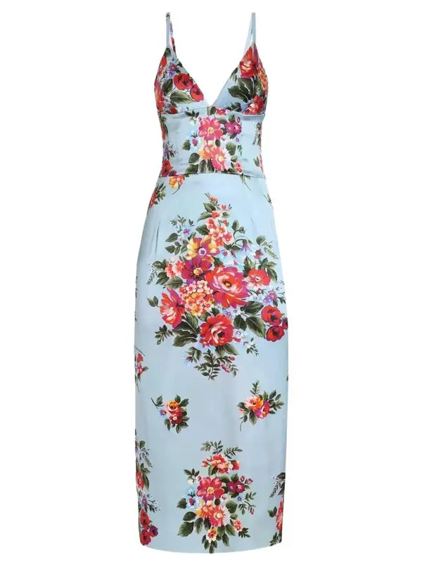 Dolce & Gabbana Floral V-neck Midi Dress - Blue