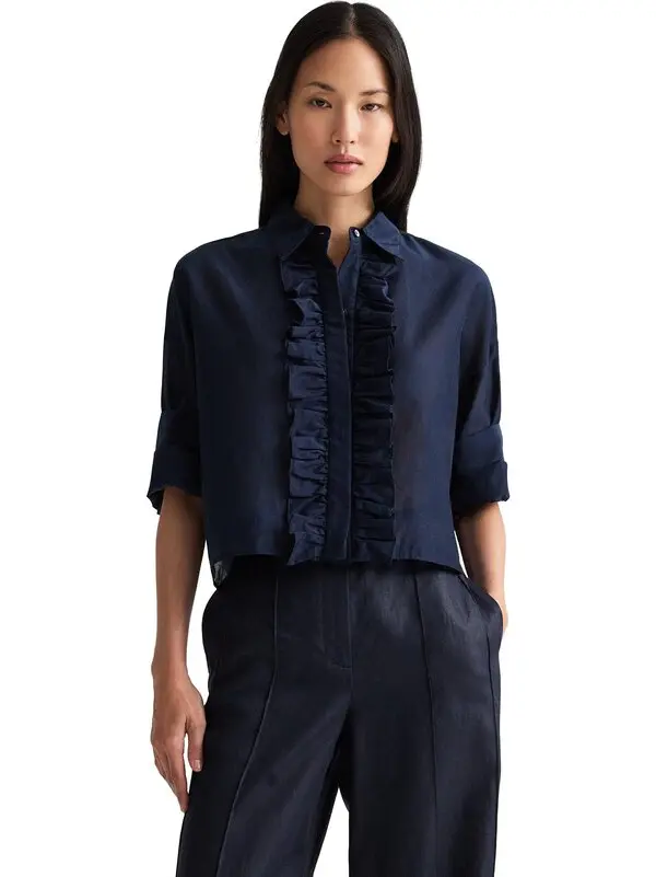 TWP Next Ex Shirt With Ruffle In Cotton Silk Organza - Midnight