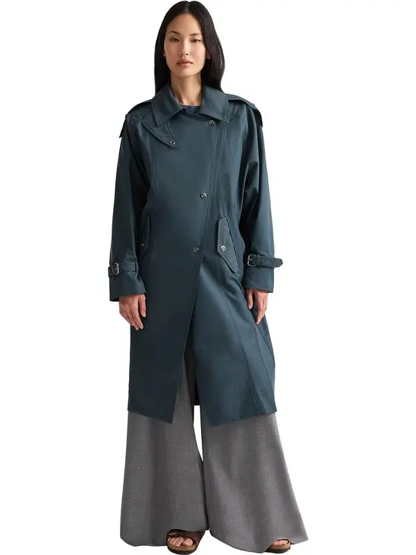 TWP Long Bogie Water Repellent Twill Trench Coat - Petrol