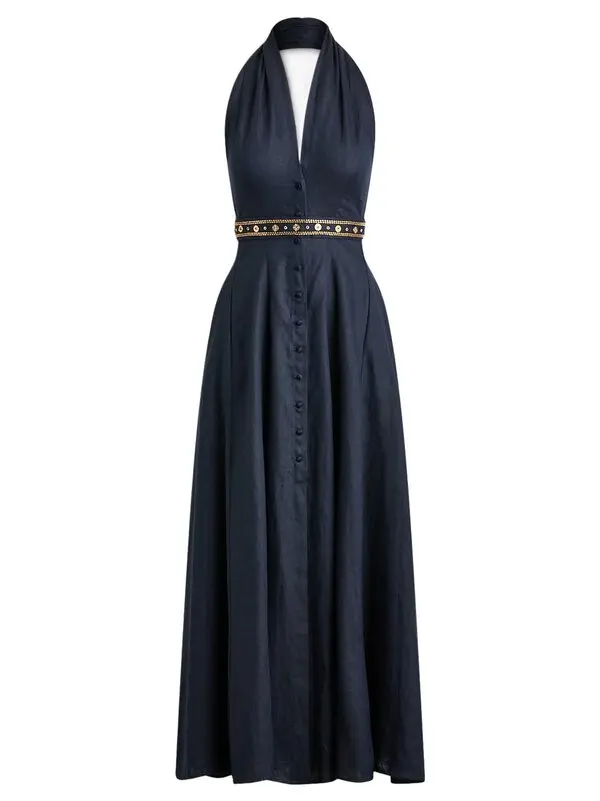 Scanlan Theodore Linen Halter Neck Maxi Dress - Navy